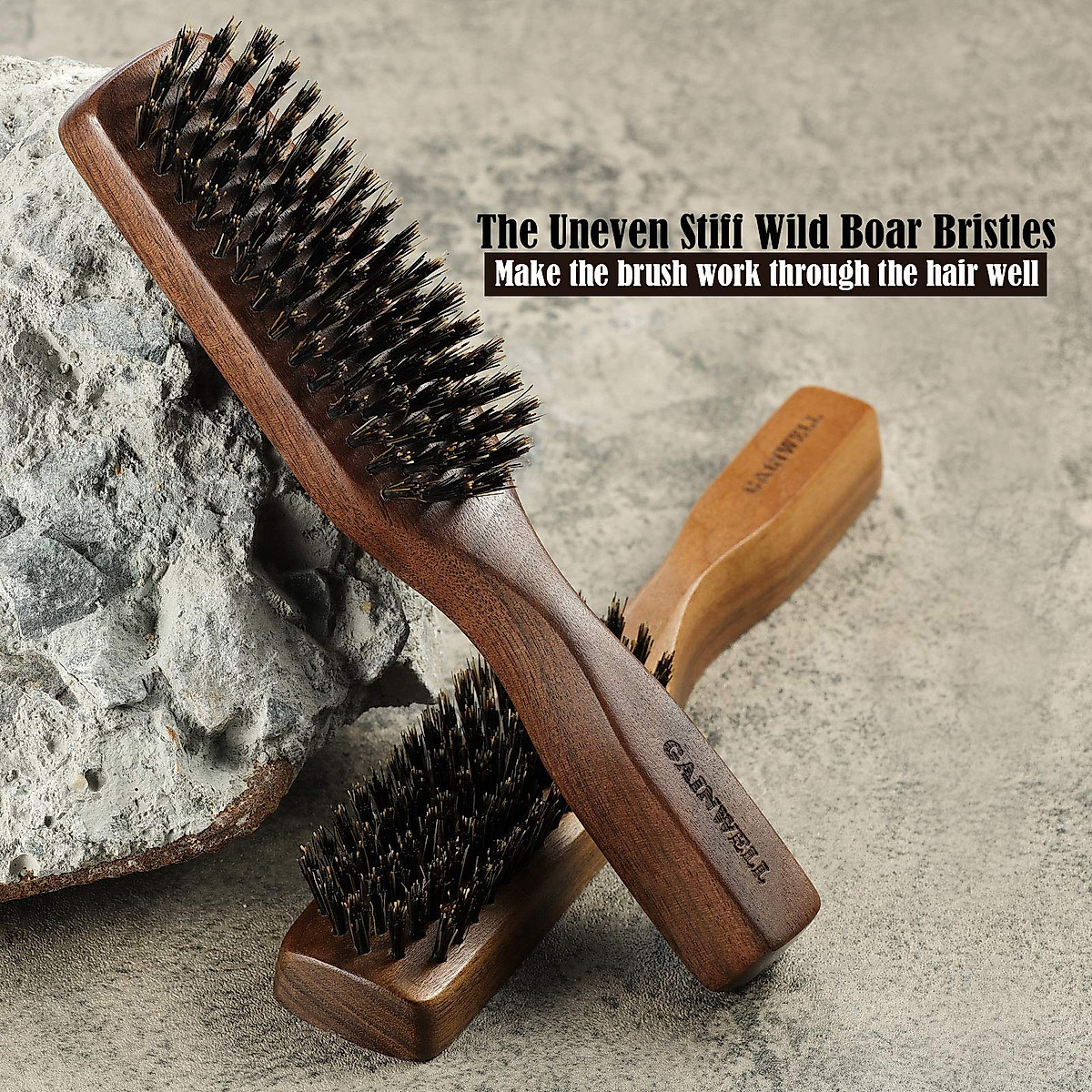 Mens Wild Boar Bristle Hair Brush for Men - Slick Back Hair Brush - Stiff Bristles for Thick Hair, Natural Black Walnut Wooden Handle Hairbrush, Beard Mustache Brush Comb by GAINWELL