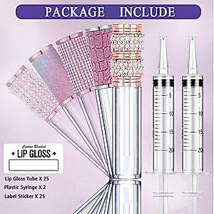 AMORIX 25 Pack Diamond Lip Gloss Tubes with Wand 5ml Empty Rhinestone Lip Gloss Containers Cute Lipgloss Bottles Crystal Lip Gloss Supplies Kit + 2pcs Syringes + Labels for DIY Lip Gloss Base