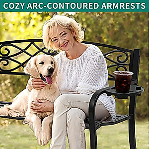 YITAHOME Outdoor Bench 50" Metal Bench with Cup Holder Rose Pattern Patio Bench with Backrest and Armrest for Porch Lawn Balcony Backyard and Indoor Black