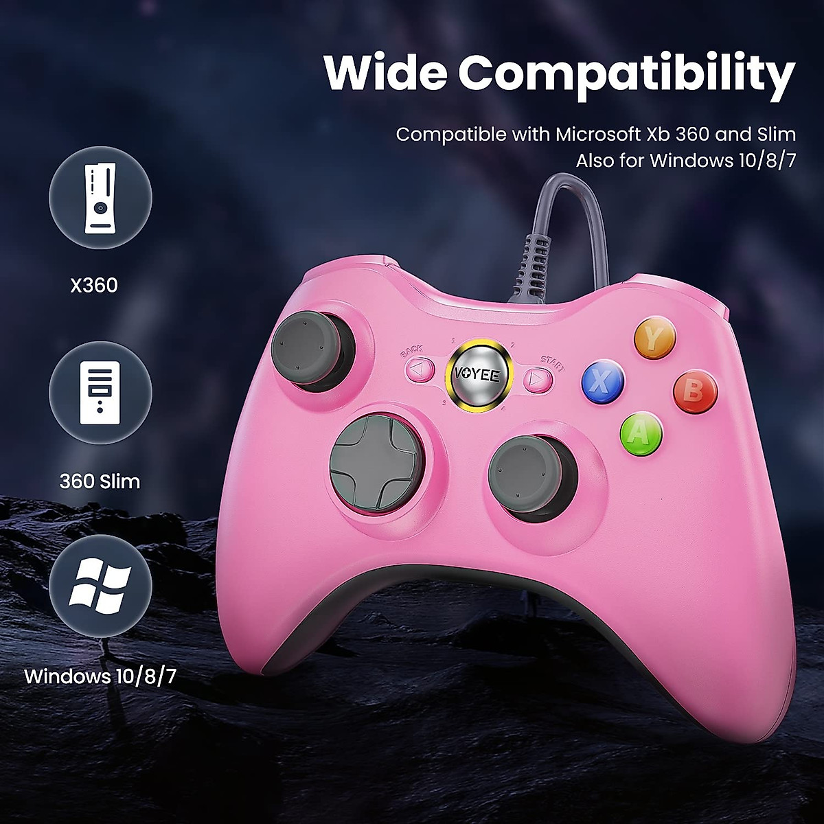 VOYEE PC Controller, Wired Controller Compatible with Microsoft Xbox 360 & Slim/PC Windows 10/8/7, with Upgraded Joystick, Double Shock | Enhanced (Pink)