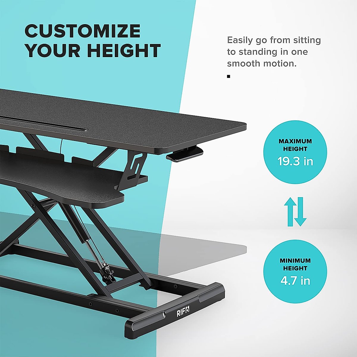 RIF6 34 Inch Convertible Standing Desk – Desk Riser with Customizable Height Settings – Sit to Stand with Spring Assisted Handle – Comes with Tablet and Phone Holder – Black
