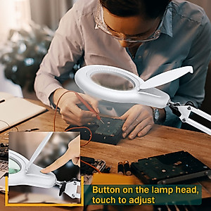 10X Magnifying Glass with Light and Stand, TOMSOO Real Glass LED Lighted Magnifier, 3 Color Modes Magnifying Lamp Stepless Dimmable, Adjustable Swing Arm Desk Lamp with Clamp for Reading Repair Crafts