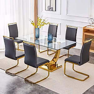 63" Glass Dining Table for 4 to 6 People, Modern Minimalist Kitchen Table with Tempered Glass Tabletop and Gold Metal Base, Large Rectangle Dining Room Table for Kitchen Dining Room