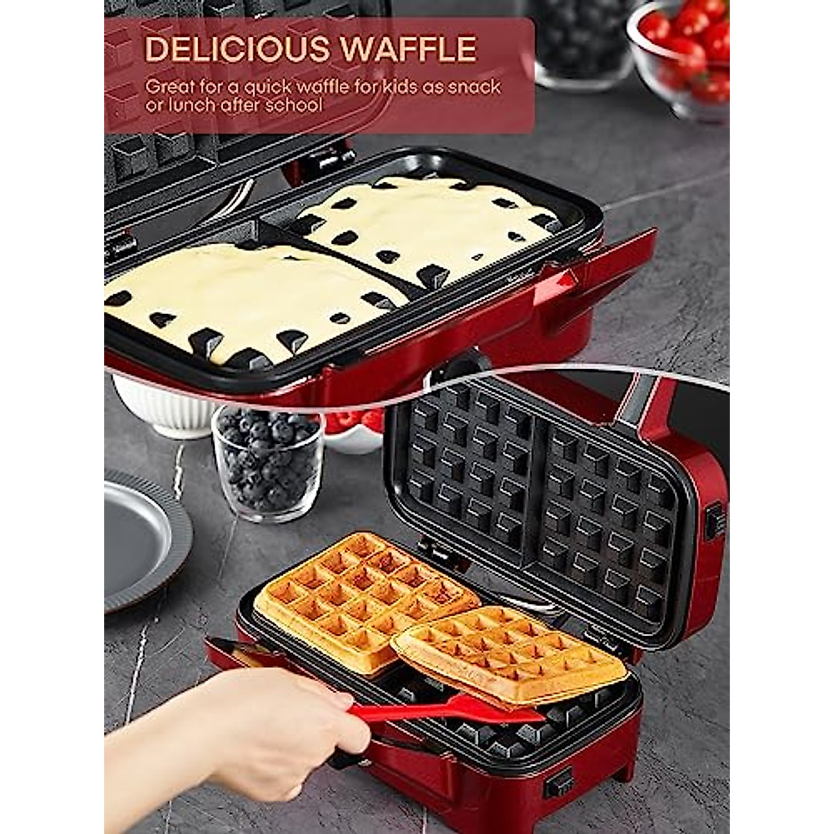 FOHERE Waffle Maker 3 in 1 Sandwich Maker 1200W Panini Press With Removable Plates and 5-gear Temperature Control, Non-stick Coating Easy to Clean,Indicator Lights, Red