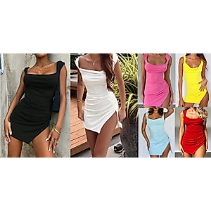 NUFIWI Womens Sexy Going Out Mini Dress Y2k Sleeveless ShortRuched Dress Bodycon Tank Top Cami Dresses Cute (LowCut Rosy, S)