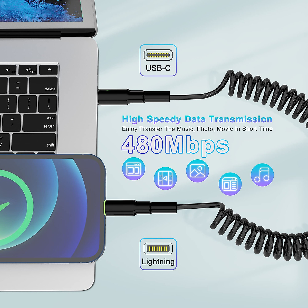 Coiled USB C to Lightning Cable MFi Certified - CarPlay Compatible Retractable iPhone Charger - Data Transmission Short iPhone Charger Cord - PD20W Fast Charging Apple Cable for iPhone14 13 12