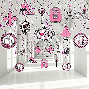 30 Pieces Paris Party Decorations, Pink Paris Party Hanging Swirl Ooh La La Eiffel Tower Sign Foil Ceiling Streamers Decor for Paris Birthday Theme Party Girl Party Baby Shower Supplies