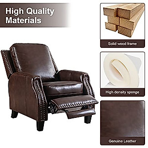 CANMOV Genuine Leather Recliner Chair, Classic and Traditional Push Back Recliner Chair with Solid Wood Legs, Adjustable Single Sofa with Nailhead Trim for Living Room, Bedroom, Brown