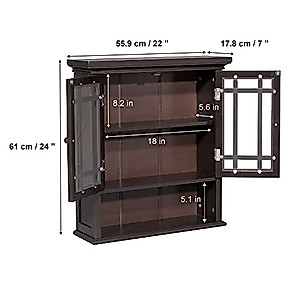 Teamson Home Neal Wooden Over The Toilet Bathroom Removable Wall Medicine Cabinet with 1 Fixed and 1 Adjustable Shelf 3 Storage Spaces 2 Glass Mosaic Doors and Crystal-Cut Acrylic Knobs, Espresso