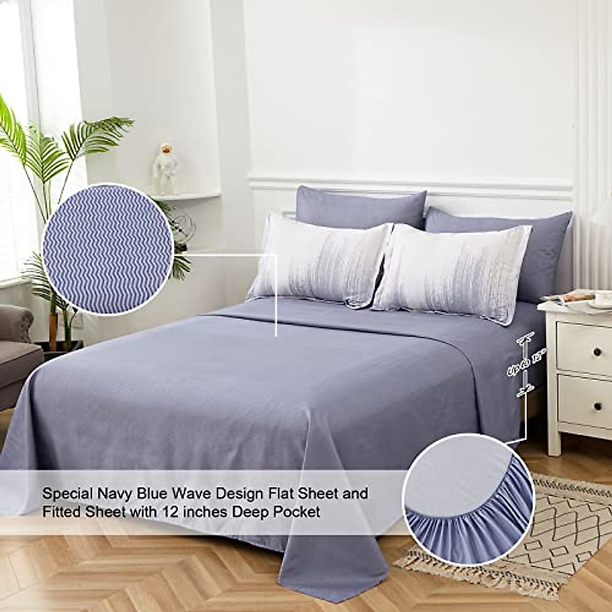 Navy Blue Comforter Set Queen,7 Pieces Bed in a Bag Colorful Abstract Art Gradient Comforter Soft Microfiber Bedding Set -1 Comforter, 1 Flat Sheet, 1 Fitted Sheet, 2 Pillow Shams,2 Pillowcases