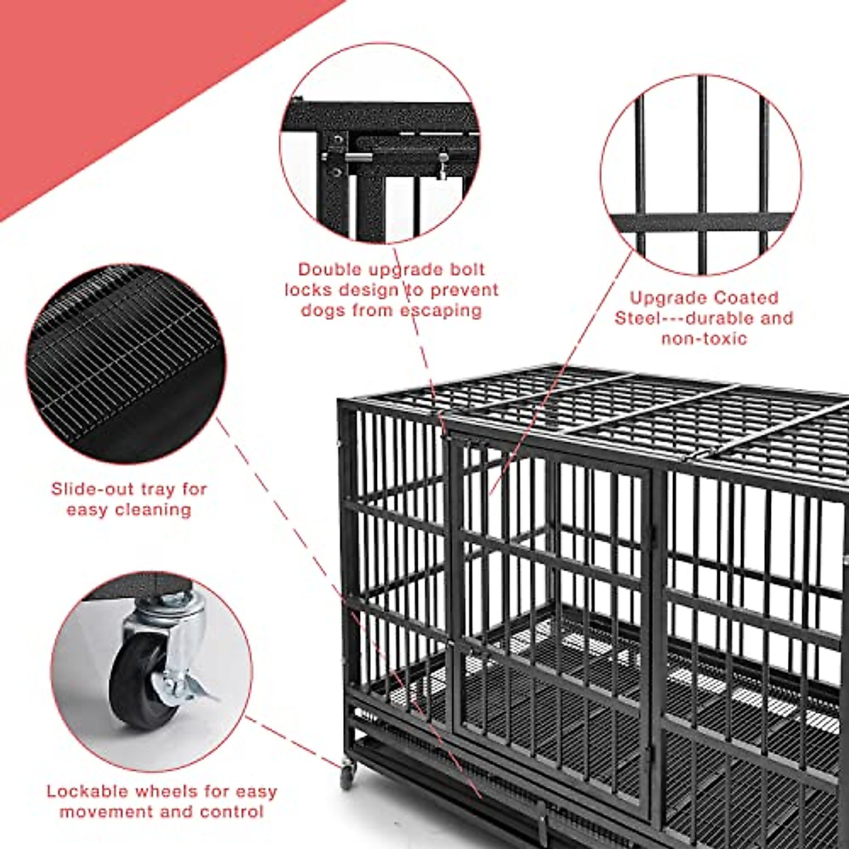 48 inch Heavy Duty Indestructible Dog Crate Steel Escape Proof, Indoor Double Door High Anxiety Cage, Kennel with Wheels, Removable Tray, Extra Large XL XXL