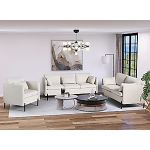 LINLUX 3 Piece Living Room Sectional Sofa Set, Modern Upholstered Loveseat Sofa Couch w/Pillows, Fabric Furniture Set for Living Room, Bedroom, Apartment, Dorm, Office, Cream Beige