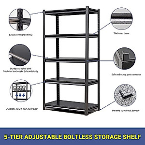 LUCYPAL 5-Tier Adjustable Metal Storage Shelves,Heavy Duty Garage Shelving Utility Rack for Garage,Warehouse,Pantry,Kitchen,35.4”W x 15.7”D x 72”H,Black