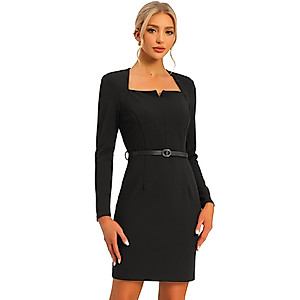 Allegra K Elegant Office Dress for Women's Belted Square Neck Bodycon Dress Large Black