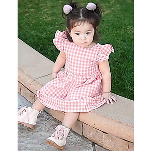 AGQT Baby Girls Plaid Dress Gingham Fly Sleeve Backless Summer Dresses Spring Smocked Birthday Easter Dresses Pink Size 12-18 Months