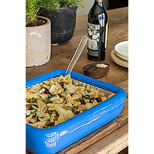 Fancy Panz Premium Dress Up & Protect Your Foil Pan, Made in USA. Hot/Cold Gel Pack, One Half Sized Foil Pan & Serving Spoon Included. Stackable for easy travel. (Denim Blue)