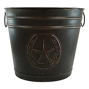 Ebros Rustic Western Texas Lone Star with Lucky Horseshoe Old Fashioned Bucket Metal Floral Vase Or Waste Basket Bin 12.5" Wide Home and Bathroom Accent Country Farmhouse Cowboy Decorative Accent