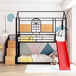 BOVZA House Bunk Bed with Slide and Stairs, Twin Over Twin Metal Bunk Beds Frame with Roof and Storage Staircase for Kids Boys Girls Teens, Black+Red
