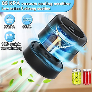 Electric Mason Jar Vacuum Sealer - 85kPa Strong Suction Vacuum Sealing Machine with Regular and Wide Mouth Mason Jar Lids - Silent Rechargeable Portable Vacuum Sealer for Food Storage or Fermentation
