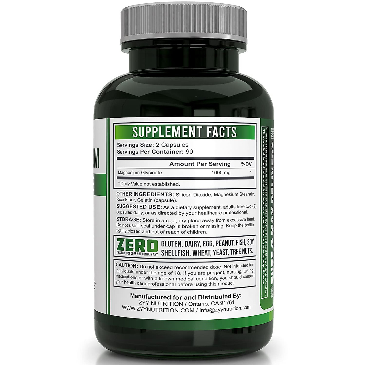 ZYY Pure Magnesium Glycinate Capsules 1000mg Maximum Strength, Chelated for High Absorption Magnesium Supplement for Sleep, Muscle, Brain, Bone and Heart Health, 3rd Party Tested, 180 Capsules