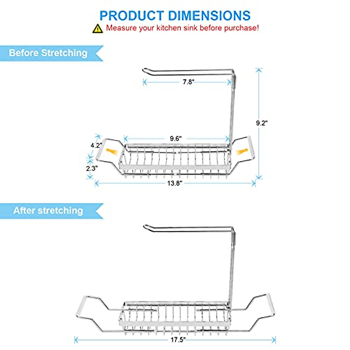 YOUGUENYUN Kitchen Sink Caddy, Retractable Kitchen Sink Organizer,Sponge Brush Soap Storage Rack for Kitchen,304 Stainless Steel Sink Rack Basket, Rustproof,Non-Slip