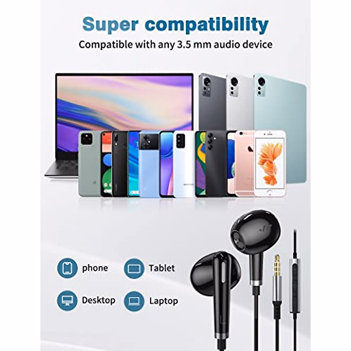 ACAGET 3.5mm Headphones Wired Earbuds for Samsung Galaxy A23 A14 A52 A03s S10 S9, Noise Canceling Semi in-Ear Headset 3.5mm Jack Stereo Earphones with Microphone for iPhone 6S Plus 5S 5 SE MP4 Black
