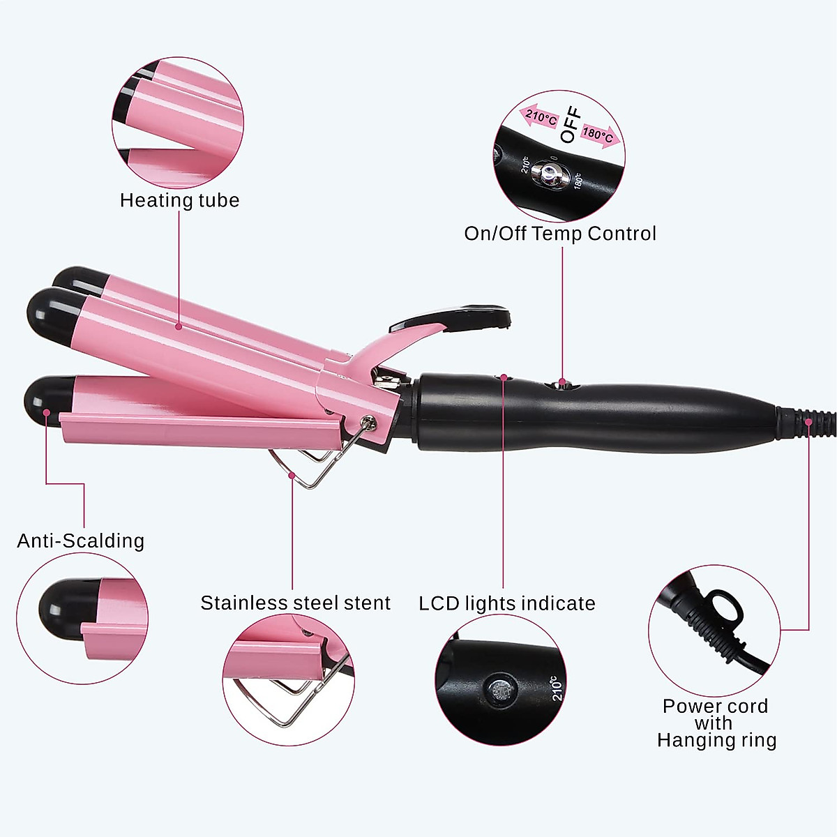 TOP4EVER 3 Barrel Curling Iron, 1 inch Crimper Hair Tool,Crimping Waver for Women Beach Waves with Two Temperature Settings, Pink
