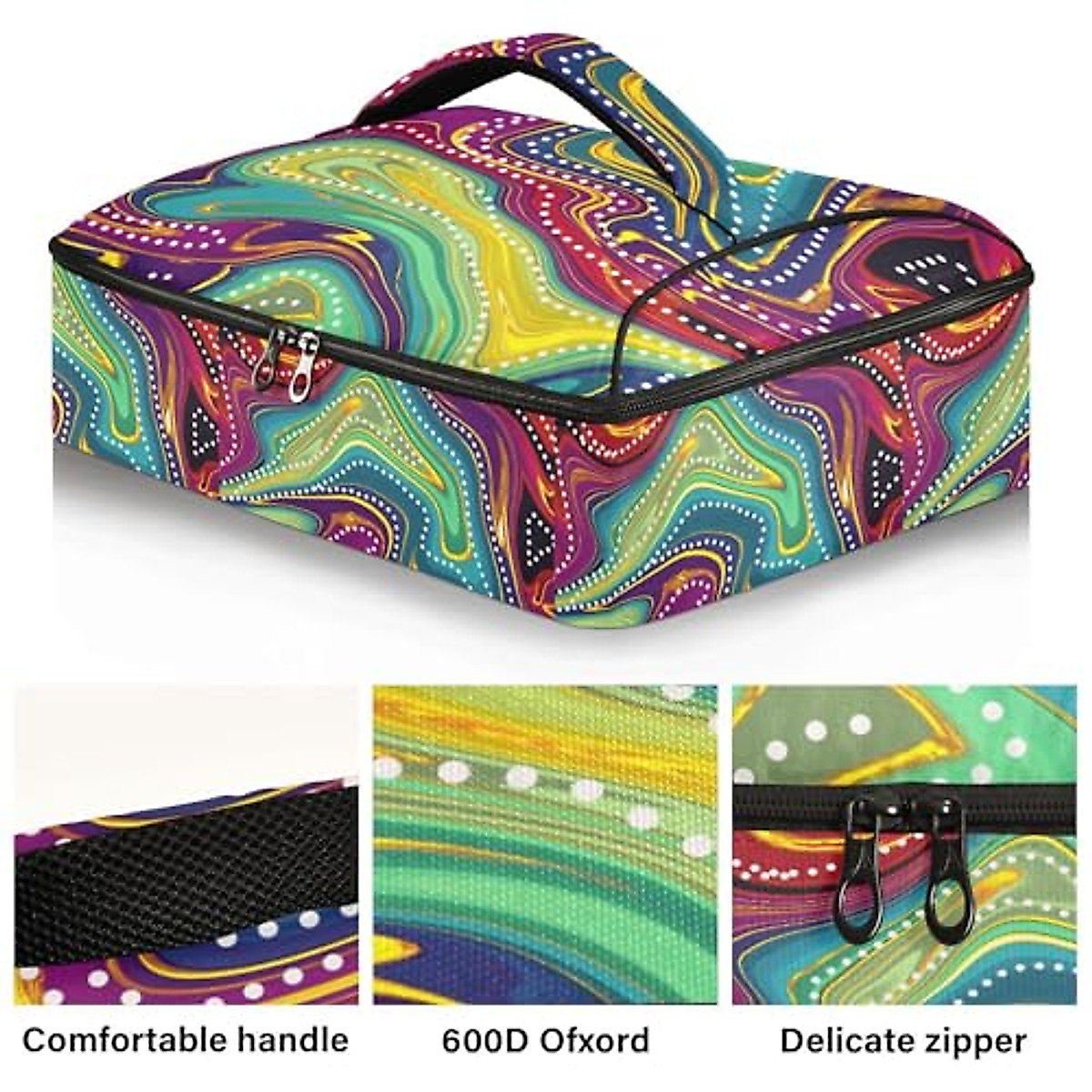 Kcldeci Insulated Thermal Food Carrier Insulated Casserole Carrier for Hot or Cold Food,Rainbow Marble Insulated Tote Bag for Potluck Cookouts Parties Picnic,Lasagna Lugger