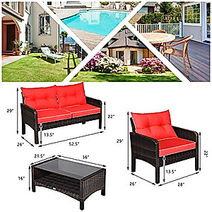 HAPPYGRILL 4-Piece Patio Furniture Set Outdoor Rattan Wicker Sofa Set with Cushions & Coffee Table, Conversation Sofa Set with Tempered Glass Table Top and Storage Shelf