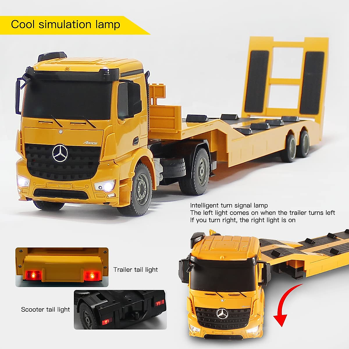 Dollox RC Truck Detachable Flatbed Semi Trailer Tractor Engineering Car Remote Control Trailer Truck Die-Cast Low Loader Electronics Hobby Toy with Sound and Light