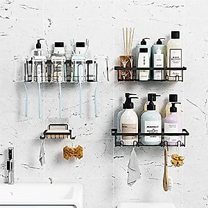 Tivisir Shower Caddy 4-Pack,Bathroom Storage Rack with Hook,Adhesive Shower Organizer ＆Drilling, Shower Organizer with Toothbrush Holder with Soap Rack,Rustproof Stainless Steel Shower Shelf (Black)