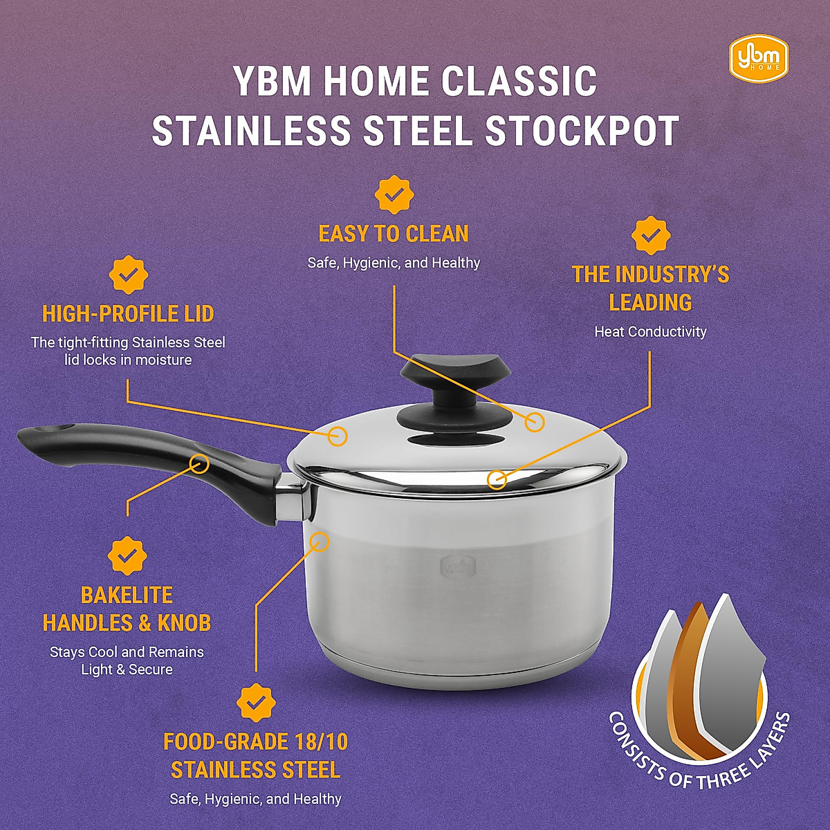 YBM Home Professional Chef’s 18/10 Stainless Steel Sauce Pot Covered Tri-Ply Capsule Base With Bakelite Handle, Terrific Mirror Silver, Induction Compatible - Black