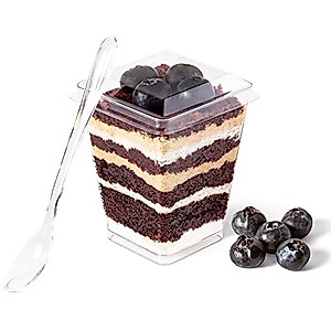 PutFest 50 Pack - 5 oz Clear Plastic Dessert Cups with Lids & Spoons - square plastic cups Parfait cups fruit cups with lid - Appetizer cups Clear plastic cups with lids - Mini dessert cups with lids