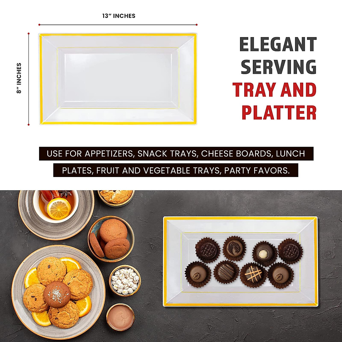 Yumchikel- Serving Tray Plastic for Party, 14" x 7.5" Platters for Serving Food (Clear Gold Rim)