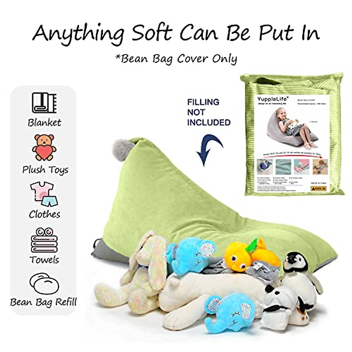 YuppieLife Stuffed Animal Storage Bean Bag Chair Cover for Kids, Zipper Storage Bean Bag Without Filling, Plush Toys Holder and Organizer - Premium Corduroy 200L (Bright Green)