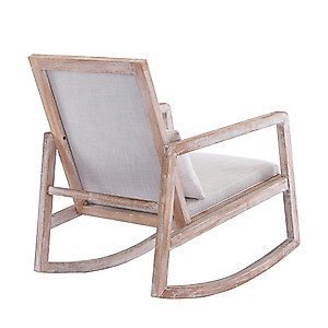 Ufyerutg Modern Accent Rocking Chair, Solid Wood Linen Fabric Antique White Wash Painting Rocking Chair with Removable Lumbar Pillow, Living Room Leisure Chair Arm Chair, Easy Assembly, Beige