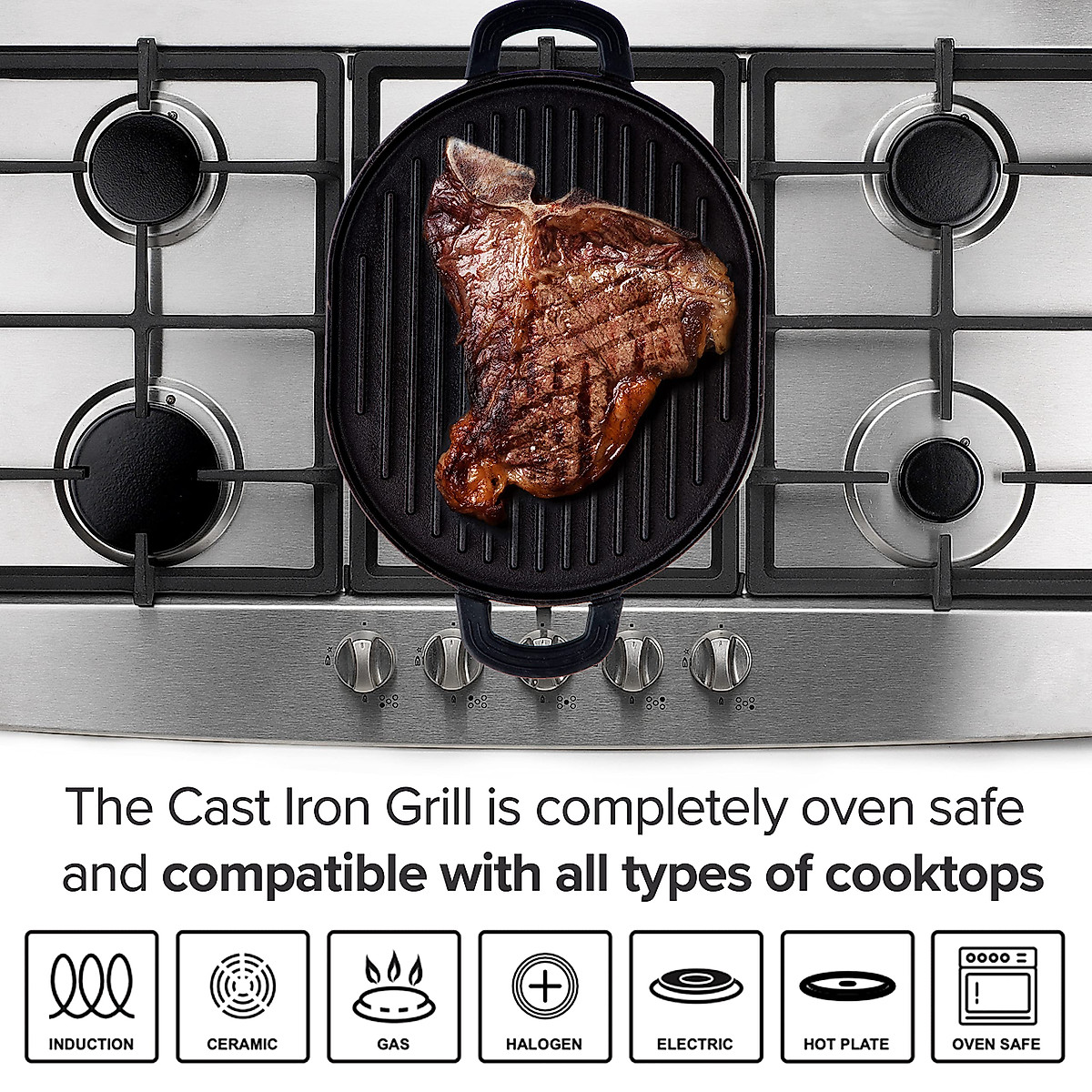 Nuwave Cast Iron Grill, 12.42”x10.21” Non-Stick Grilling Surface, Deep Grill Ridges, Pre-Seasoned, Stay-Cool Silicone Handles, Easy-to-Clean,Oven Safe,Stovetop,BBQ,Fire & Smoker,Induction-Ready,Black
