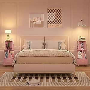 Cyclysio 360 Rotating Nightstand, 35'' Tall Pink Night Stand with Shelves, Narrow Bedside Table with Drawer, Modern Slim Nightstand for Small Space, Small High Side Table, Bedroom, Sofa Side, Pink