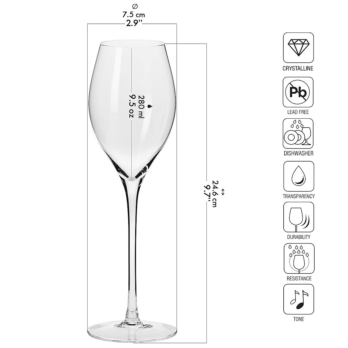 Krosno Large Prosecco Champagne Sparkling Wine Flutes, Set of 6, 9.4 fl oz, Rounded Shape for Ideal Bubbles, Dishwasher Safe, Made in Europe