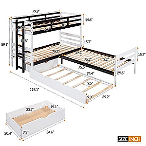 P PURLOVE Twin Over Twin & Twin Bed Bunk with Trundle, Drawer and Ladder, L-Shaped Bunk Bed Frame with Wooden Slat Support and Full-Length Guardrails, No Box Spring Needed (White)