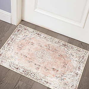MUJOO Pink Area Rug Small Area Rugs Boho Machine Washable Rugs Non Slip for Entryway Kitchen Bathroom Bedroom Vintage Soft Low-Pile 2'x3' Flowers