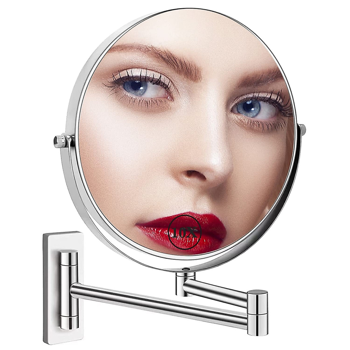 MIRRORMORE 8” Large Wall Mounted Makeup Mirror, Two-Sided 1X/10X Magnifying Mirror Extendable Long Arm, 360°Swivel Flexible HD Shower Mirror Fogless for Shaving, Fully Senior Nickel Bathroom Mirror