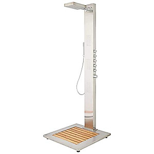 Signature Hardware 417701 Dalton Stainless Steel Thermostatic Outdoor Shower Panel with Shower Head, Hand Shower, Bodysprays and Bamboo Tray