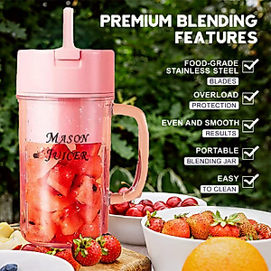 Portable Blender, sotfkd Personal Size Blender for Shakes and Smoothies with 10 Blades, 16 Oz Mini Blender Cup with USB Rechargeable & Handle & Free Straw for, Home, Kitchen, Office, Travel (Pink)