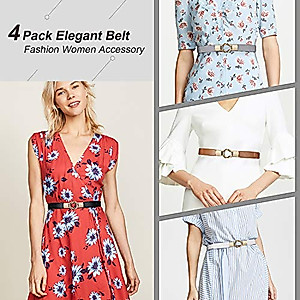 WERFORU Women Skinny Belt for Dresses Retro Stretch Ladies Waist Belt Plus Size Set of 4 (Fits Waist 22"-29", a-black+brown+white+gray)