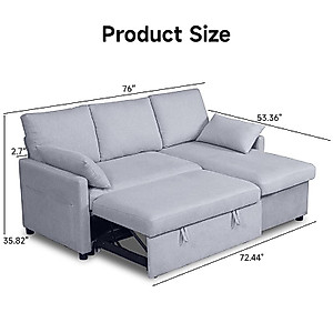 Real Relax 76'' Sleeper Sofa, 4-in-1 L Shaped Convertible Sofa Bed with Pull Out Bed and Storage, Couch with Chaise for Living Room, Apartment, Office and Bedroom, Light Gray