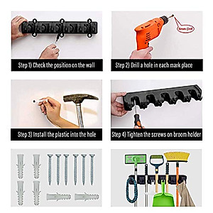 Mop and Broom Holder Wall Mount - CINEYO - Heavy Duty Broom Holder Wall Mounted or Tool Organizer For Home Garden Garage And Storage (5 Positions with 6 Hooks) (Black)