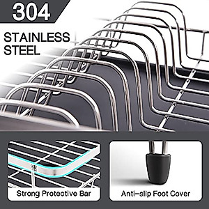 TOOLF Expandable Dish Drainer Rack, Adjustable 304 Stainless Steel Dish Rack, Foldable Dish Drying Rack with Removable Cutlery Holder Swivel Drainage Spout, Anti-Rust Plate Rack for Kitchen, 1 Piece