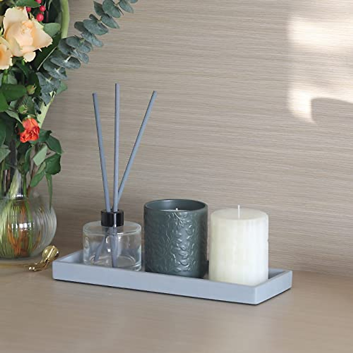 FREELOVE Concrete Decorative Tray, Makeup Organizer Perfume Soap Dispenser Organization for Dresser Vanity Bathroom Counter Coffee Table Desk Toilet Tank Home Decor, Grey, Rectangle 5.3''X11''