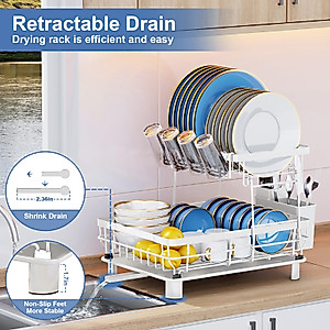 MOUKABAL White Dish Drying Rack- Durable Large Dish Racks for Kitchen Counter, Dish Drainer with Drainboard,Kitchen Organization and Storage for pioneer woman kitchen accessories (2 Tier